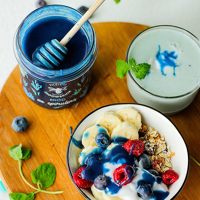 Miód ze Spiruliną 430g PASIEKA SADOWSKICH niebieskie algi morskie 430g ...